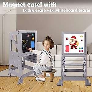 Toddler Kitchen Step Stool Toddler Standing Tower Toddler Step Stool Toddler Tower with Message Boards Safty Rail-Adjustable Kids Kitchen Step Stool for Kitchen Counter Bathroom Sink (Grey)