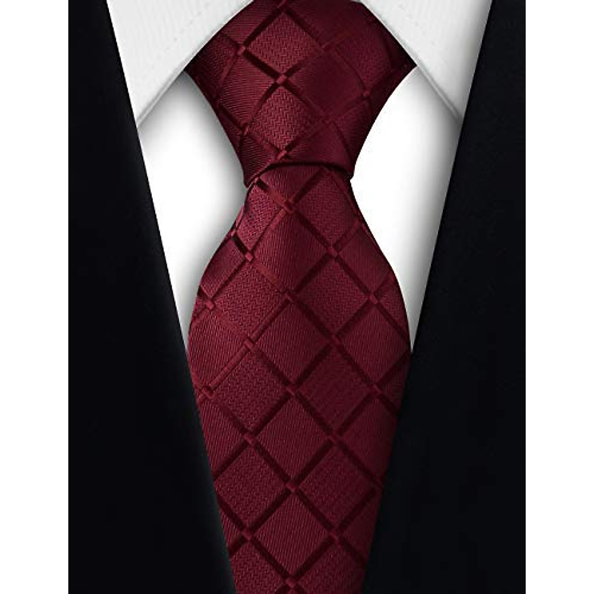 GUSLESON 3.15"（8cm） Men's Burgundy Plaid Tie Fashion Necktie Clip and Pocket Square Cufflinks Sets (6102-30)
