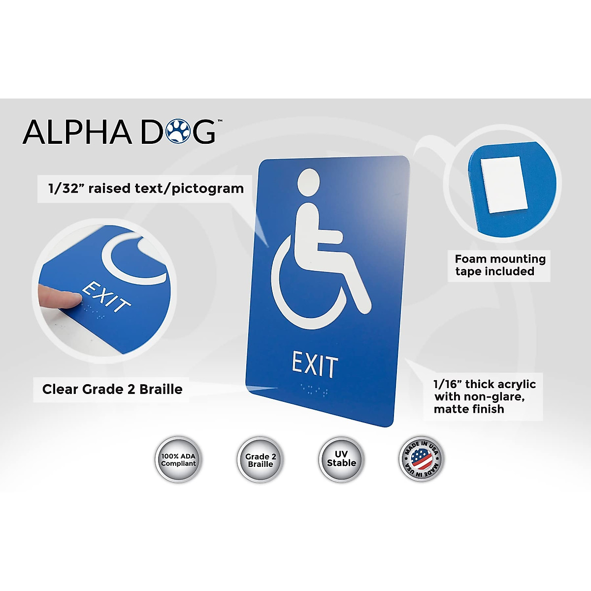 ALPHA DOG ADA SIGNS - Handicap Exit Sign with Braille for Your Business, 8x6 Inch, ADA Compliant, Indoor or Outdoor, Easy Installation, Made in the USA, Blue