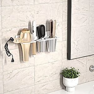 HIIMIEI Hair Tool Organizer Wall Mount, White Acrylic Hot Tool Holder with 2Cups, Bathroom Hair Styling Accessories Storage Organizer for Flat Iron, Blow Dryer, Curling Wand, Hair Straighteners, Brush