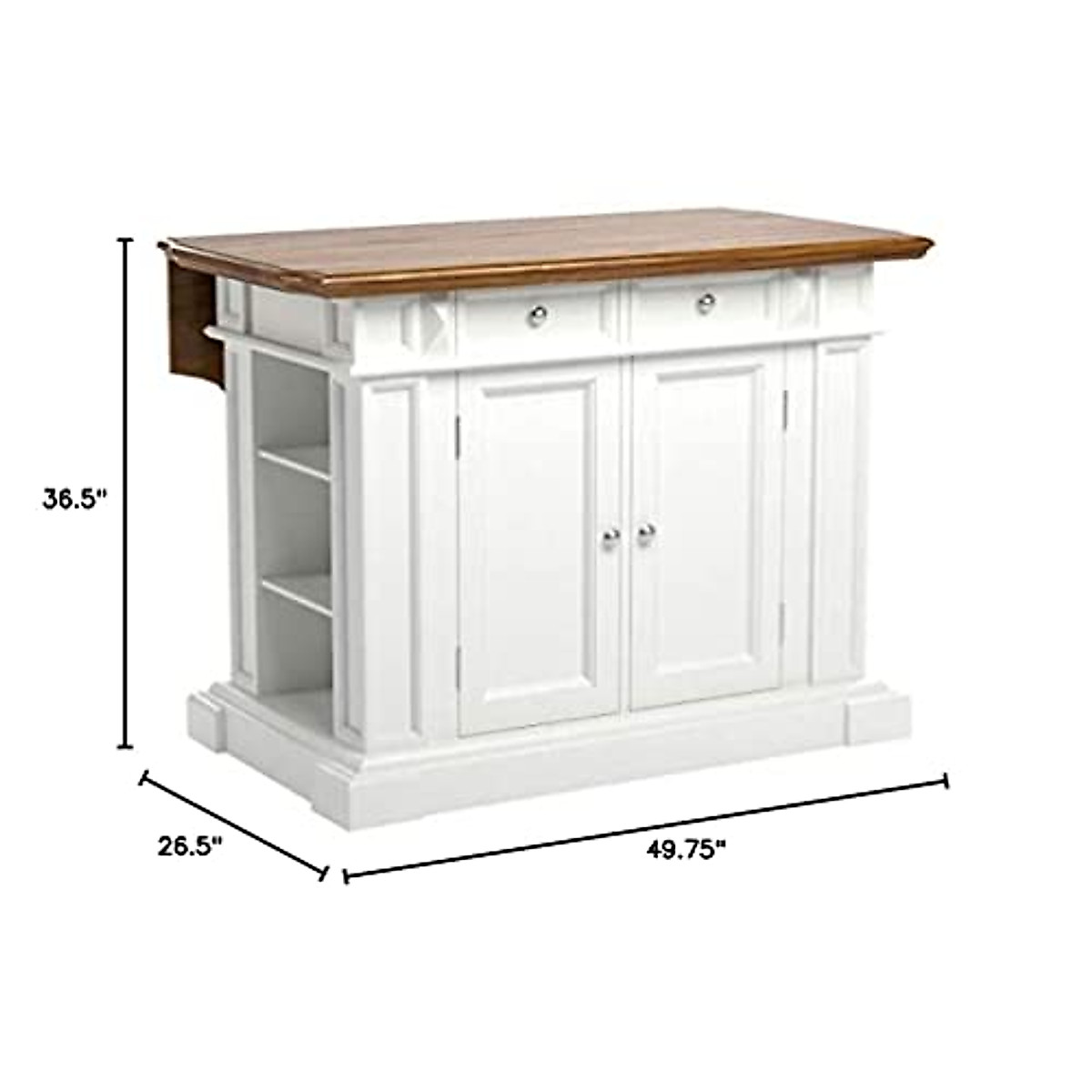 Homestyles Americana Kitchen Island with Wood Top and Drop Leaf Breakfast Bar, Storage with Drawers and Adjustable Shelves, 50 Inch Width, 49.75 inches, White and Oak