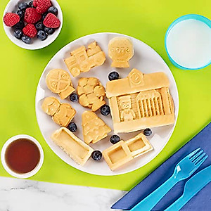 Train Set Waffle Maker - Build Waffle or Pancake Shaped Tracks, Cargo Cars, Signs, Station & More- Fun Family Breakfast for Kids, Electric Nonstick Waffler Iron w/ 4 Removable, Dishwasher Safe Plates