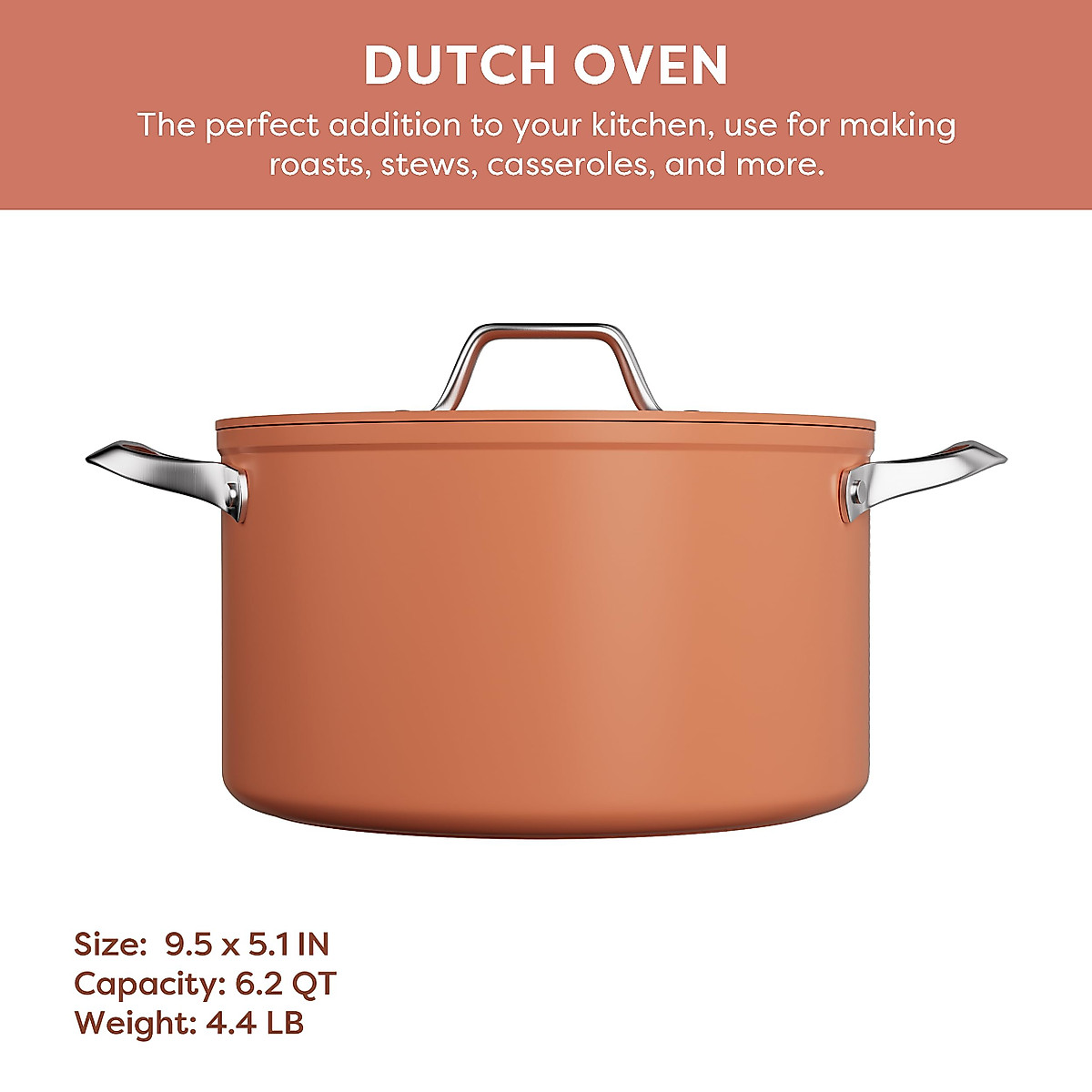 CIARRA Nonstick Dutch Oven with Lid, 6.2 QT Ceramic Dutch Oven with Dual Handles, Non Toxic, PTFE & PFOA Free, Oven Safe & Compatible with All Stovetops, Orange