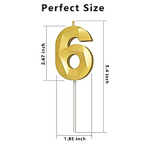 Number Birthday Candles(6 Candle Gold) 3D Diamond Shape Number Happy Birthday Cake Candles for Birthday Party Wedding Decoration Reunions Theme Party