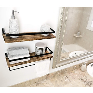 Peter's Goods Rustic Floating Wall Shelves with Rails - Decorative Storage for Kitchen, Bathroom, and Bedroom - Elegant, Modern Shelving - Torched Paulownia Wood, Matte Black Metal Frame - Set of 2