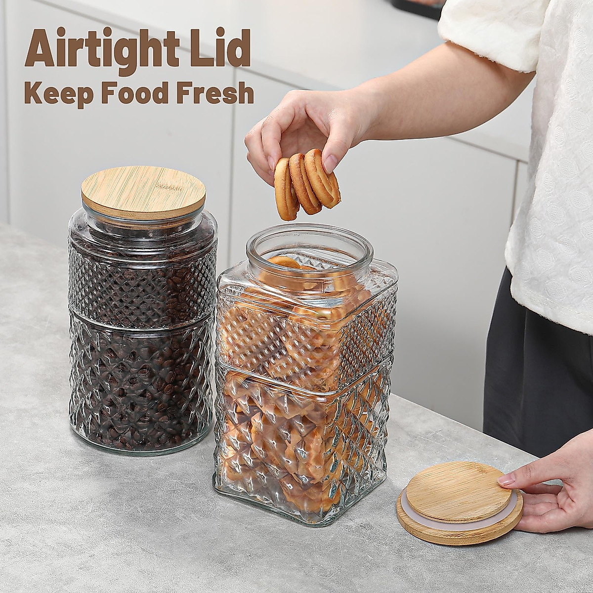 Galazzz 90 oz | 0.7 Gallon Large Cookie Jar, Glass Jar with Airtight Lid, Decorative Kitchen Canister with Bamboo Lids, Candy Jar | Glass Storage Air tight Glass 2600ml Round & Square