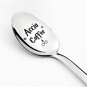 Ptzizi Funny Accio Coffee Engraved Stainless Steel Coffee Spoon for Coffee tea lovers, Book Lover Bookworm Friends Harry Potter Fan Birthday, Valentine, Christmas Gifts, Silver, 1.3x7