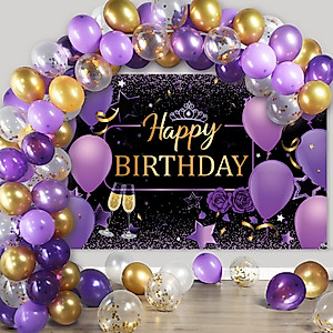Purple and Gold Birthday Party Decorations Purple Gold Confetti Balloons Kit Happy Birthday Photography Backdrop for Girls Ladies Women Birthday Party Supplies Decor