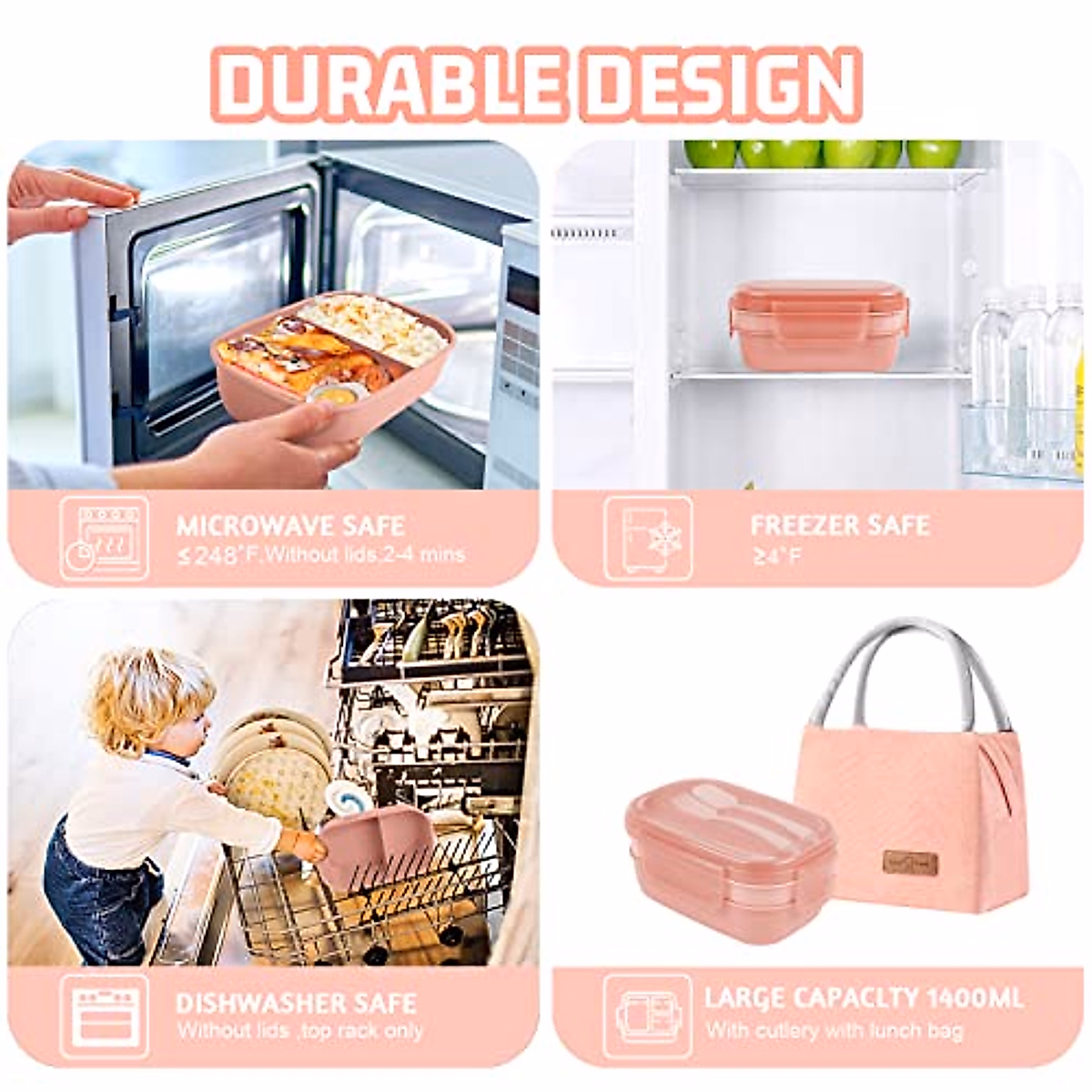 ZMYGOLON Bento Lunch Box for Kids, Lunch Bento Box Container Leak-proof for Kids Adults Teens School, Upgrade Lunch Containers pink set