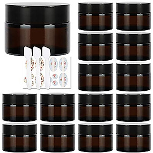1 oz Amber Round Glass Jars with Plastic Lids and Inner Liners,Empty Cosmetic Bottles For Beauty Products, Lotion, Powders and Ointments.Set of 15 Pack.
