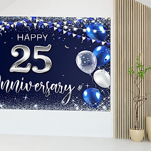 Happy 25th Anniversary Backdrop Banner Decor Navy Blue – Silver Glitter Happy 25 Years Wedding Anniversary Party Theme Decorations for Women Men Supplies