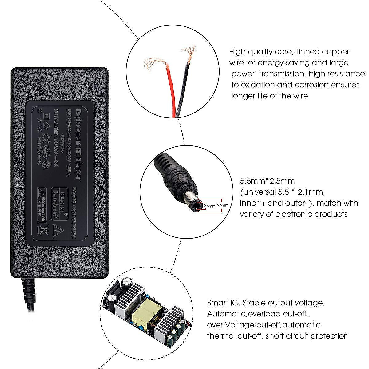 Nobsound DC 24V@6A 150W Power Supply Adapter, AC100~240V Power Brick for Amplifier