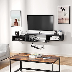 FABATO 59" Floating TV Stand with Power Outlet Wall Mounted Media Console Cabinet Shelf Under TV for Cable Box Audio Video Black