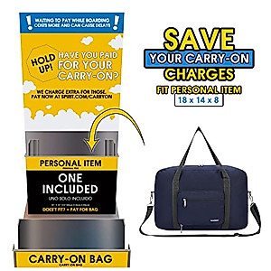 For Spirit Airlines Personal Item Bag 18x14x8 Foldable Travel Duffel Bag Tote Carry on Luggage for Women and Men (Dark Blue (with Shoulder Strap))
