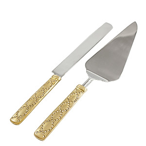 Server Set, Cake, Pie, Desert Flatware Set, Glitter Crystal Studs Design, 2-piece 18/10 Stainless steel with brass handles (light antique gold finish)…