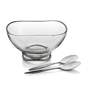 nambe Braid Glass Salad Bowl with Servers | Large 12-Inch Mixing and Serving Dish | Thick Glass Bowl for Salads, Fruit, and More | Stainless Steel Serving Spoons | Dishwasher Safe