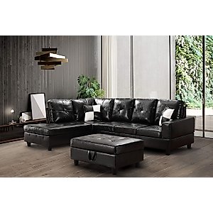 OPTOUGH Black Faux Leather Sectional Left Chaise Storage Ottoman & 2 Pillows for Living Room Sofa Sets