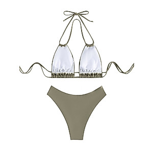 SweatyRocks Women's 2 Piece Bathing Suit Lace Up Halter Triangle Bikini Asymmetrical Waist High Cut Swimsuit Army Green L