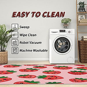 Yoozitrees Strawberry Rug Kawaii - Strawberry Rug, 5x6 Rug, Cute Cartoon Red Fruit Pink Area Rug, Kids Nursery Playroom Carpet, Washable & Non Slip & Soft Large Rugs, Strawberry Home Decor