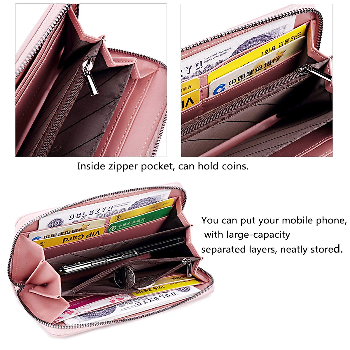 Earnda Womens wallet RFID Blocking Large Capacity Long Purse with Wristlet Card Holder Coin Pocket Pitch Black