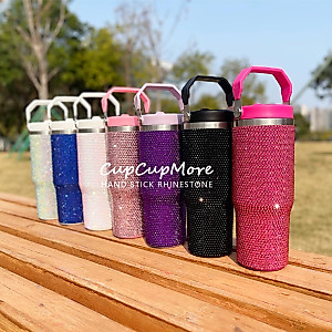 Cupcupmore Bling Mermaid Rhinestone Stainless Steel Tumbler 30oz Vacuum Insulated Water Bottle with Flip Straw & Lid &Handle, Leakproof Thermos Keeps Cold 12 Hours for Home, Office, Car, Gym, Travel