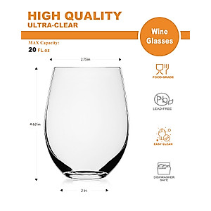 LUXU Stemless Wine Glasses(Set of 6)-20 oz,Crystal Wine Cups for Red or White Wine,Large Water Juice Glasses,No Stem Glass Beverage Cups,Clear Drinking Tumblers for Any Occasion