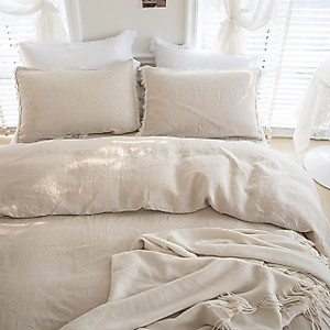 Simple&Opulence 100% Linen Boho Duvet Cover,3pcs Bohemian Textured Collection Bedding Set for All Seasons,French Country Comforter Cover Set with Pillow Shams (Queen, Tassel-White)