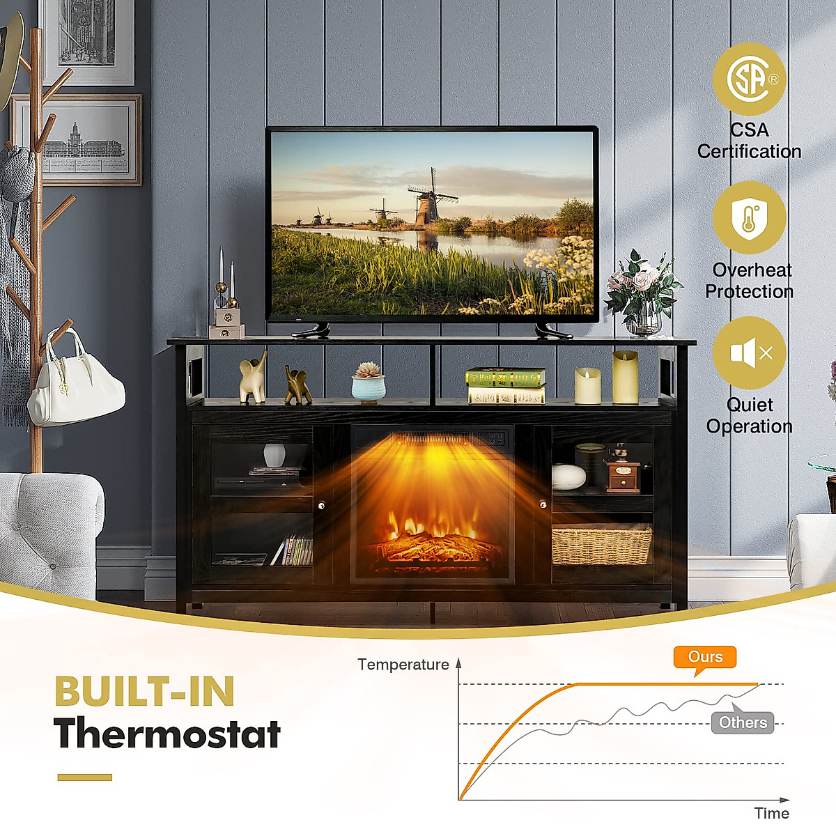 Tangkula Fireplace TV Stand for TVs up to 65 Inches, with 18 Inches 1400W 5,000 BTU Electric Fireplace with Built-in Thermostat, 6H Timer, Adjustable Flame & Heat, Remote Control (Black)