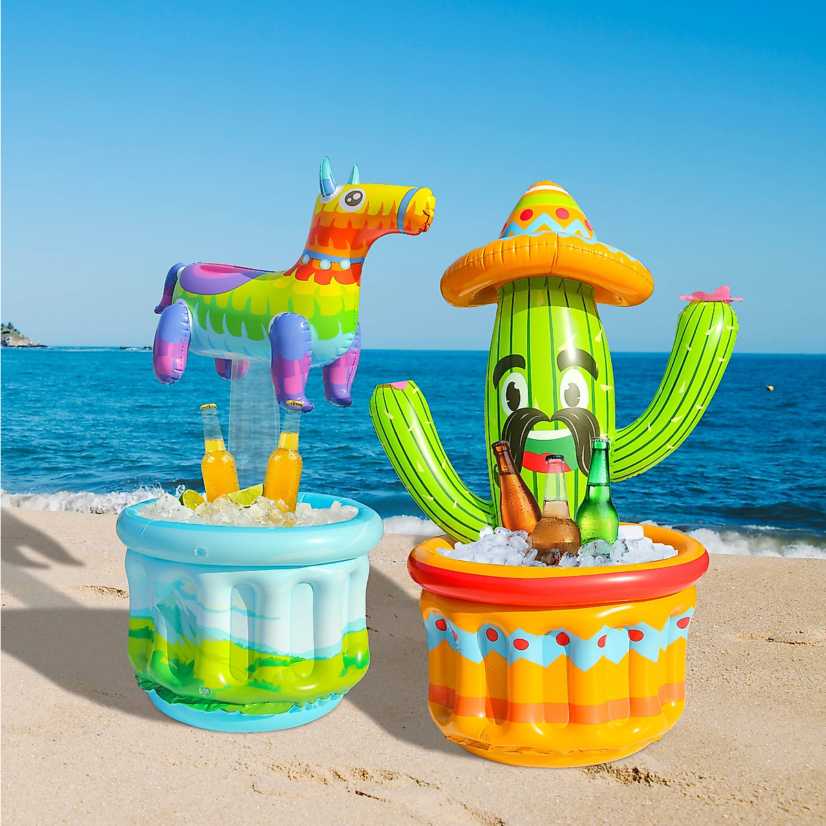 PARENTSWELL 2 Pack Inflatable Cactus Cooler, 47.5'' Blow Up Pool Party Drink Cooler Ice Bucket with Sombrero Hat, Mexican Fiesta Party Decorations Supplies for Cinco De Mayo Party Decor