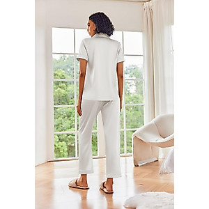 Ekouaer Silk Satin Pajamas Set Women Short Sleeve Sleepwear Soft Button Down Loungewear Pjs Set White X-Large