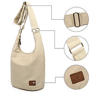 Hippie Crossbody Bag Large size Top Zip Cotton Sling Bag Jacquard cloth Handmade Bags (Tan Beige)