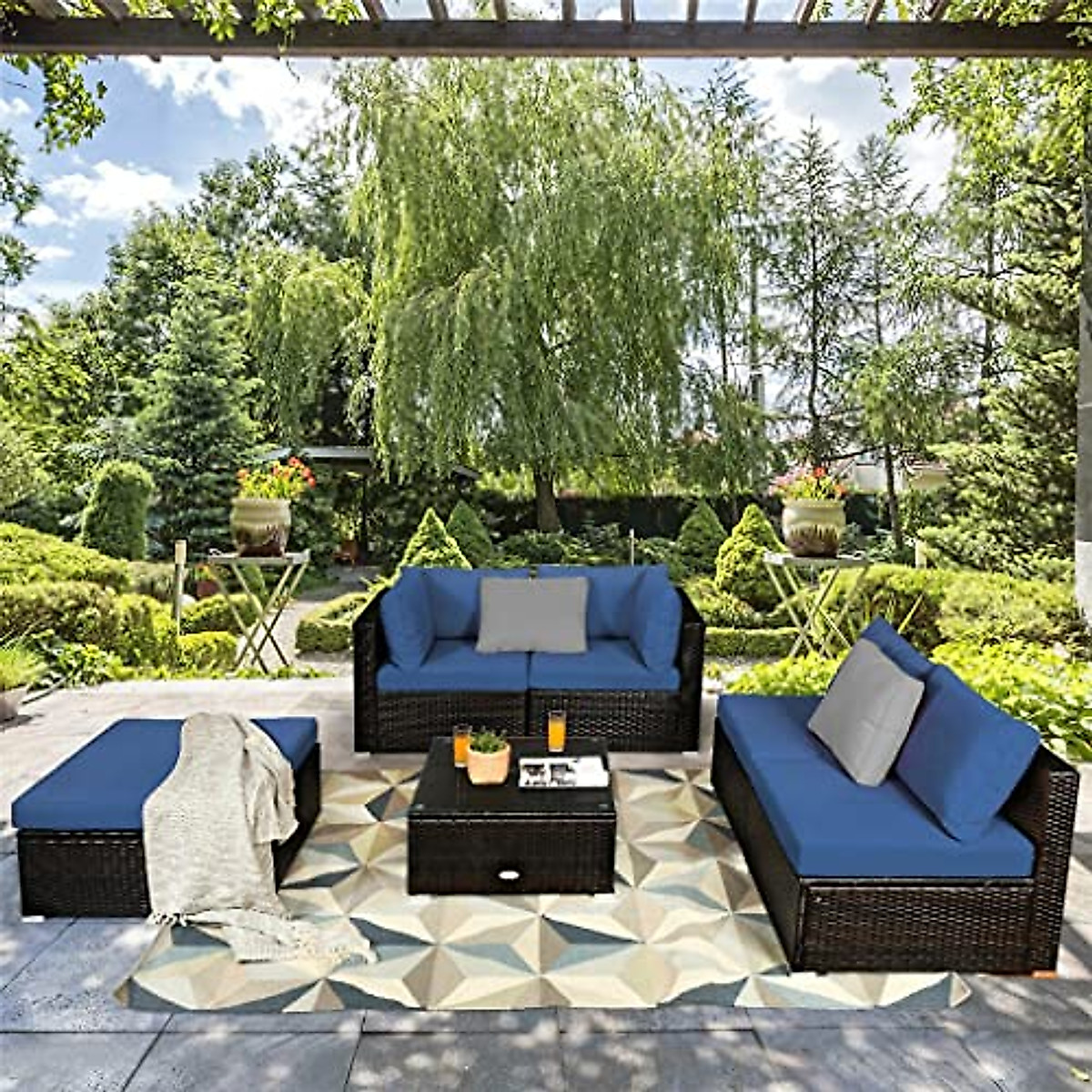 NICEDAYFY 6PCS Outdoor Patio Rattan Furniture Set Cushioned Sectional Sofa Navy for Your Garden, Balcony and Poolside