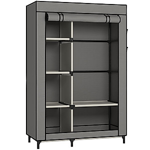 Buzowruil Canvas Wardrobe Portable Closet Wardrobe Clothes Storage with 6 Shelves and Hanging Rail,Non-Woven Fabric, Quick and Easy Assembly,Grey