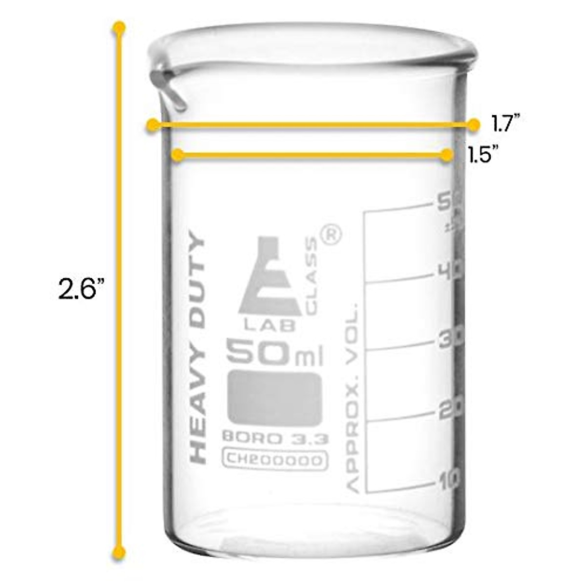 EISCO Heavy Duty Beaker, 50ml - 5mm Thick, Uniform Walls - Superior Durability & Chemical Resistance - White Graduations - Borosilicate 3.3 Glass