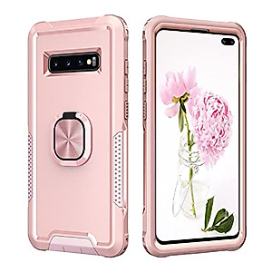 Petocase for Samsung Galaxy S10 Plus Case Heavy Duty Full Body Shockproof Kickstand with 360° Ring Holder Support Car Mount Hybrid Bumper Silicone Hard Back Cover for Samsung S10 Plus Rose Gold