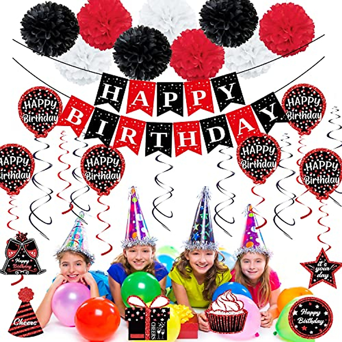 Birthday Decorations Red Black, Happy Birthday Party Decorations for Men Women Boys Girls (48pack), Happy Birthday Banner Gifts, Double-Sided Pattern Card, 9 Pompoms, Hanging Swirl Bday Decor Supplies
