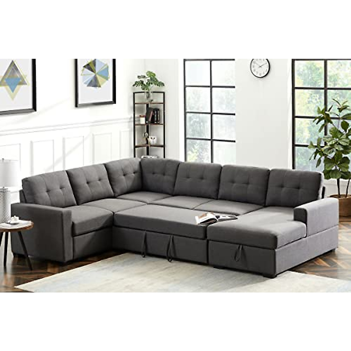 ERYE Tufted Upholstered U-Shaped Sectional Sofa with Left Storage Chaise and Pull Out Couch Bed, Oversized Corner Sofa&Couch Convertible Sleeper & Sofabed for Home Apartment Living Room, Dark Gray
