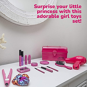 PixieCrush Kids Makeup Kit for Girls - with Pretend Hair Dryer and Flat Iron - Play Hair Styling Kit for Kids and Little Girls - Ages 3, 4, 5, 6, 7, 8, 9, 10 - Comes in a Pink Carrying Case