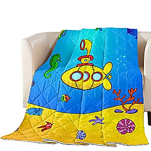 Arts Language Cool Summer Bedspread Quilt Yellow Submarine Underwater All-Season Comforter Duvet Insert or Stand-Alone Comforter, Comfortable Air Conditioning Bed/Sofa Blanket for Adults Kids 82x85in