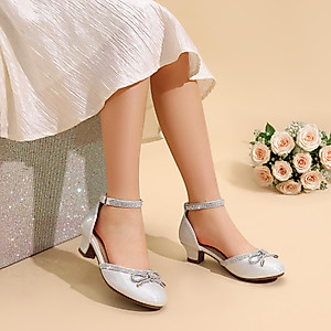 DREAM PAIRS Girls Dress Shoes Closed Toe Low Heels Ankle Strap Pumps for Toddler Little Big Kid Flower Party Wedding Princess,Size 2 Little Kid,SILVER,SDFL2318K