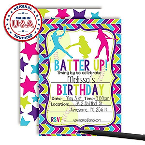 Amanda Creation Batter Up Softball Themed Birthday Party Invitations, 20 5x7 Fill-In Cards with Twenty White Envelopes