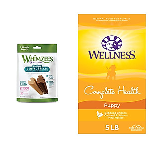 Whimzees by Wellness Dental Treats + Puppy Food Bundle: XSmall/Small 30 Count + Wellness Complete Health Dry Puppy Food, Added Vitamins, Minerals, and Taurine, Chicken, 5 Pound Trial Bag