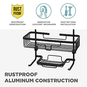 Zenna Home Rustproof Shower Caddy Hanging Bathroom Organizer, Aluminum Shower Rack with 2 Shelves and Built in Hooks, Premium Over Shower Head Storage System, Black
