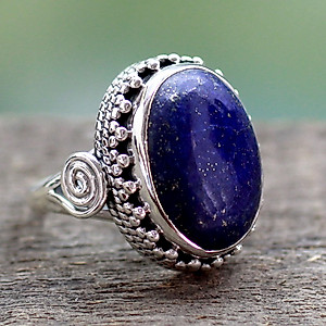 NOVICA Artisan Handcrafted Lapis Lazuli Cocktail Ring Sterling Silver Blue Single Stone India Royal Classic Reflecting Pond Snorkel Birthstone [crownbezel 0.8 in L x 0.6 in W x 0.4 in H Band Width 3 ]