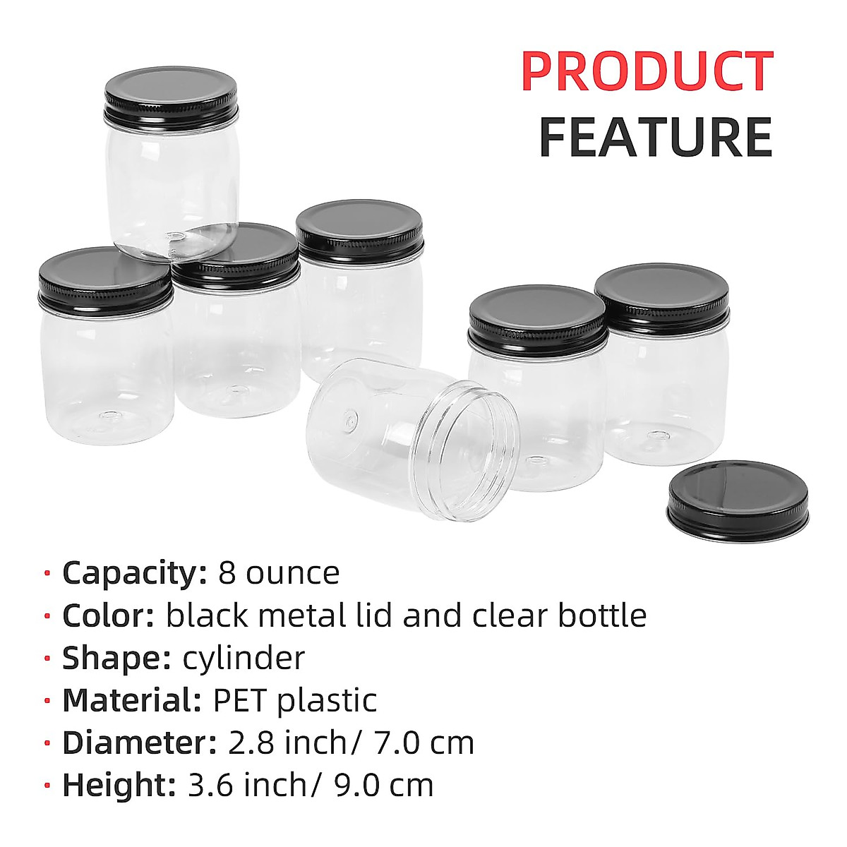 OMNISAFE 8 Ounce Clear Plastic Mason Jars With Screw On Lid, Reusable Empty Jars for Food Storage, Round BPA Free Containers for Sealing, Dry Food, Snacks, Candies, Breakage-proof, (Black - 16 Pack)
