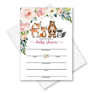 Yuzioey Girl Woodland Baby Shower Invitations, 25 Woodland Floral Invitations Macthing Envelpoes, Diaper Raffle Tickets, Book Request Cards, Forest Creatures Invitations