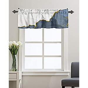 WARM TOUR Curtain Valance for Windows Ink Blue White Marble Gradient Kitchen Valances Rod Pocket Short Curtains,Gold Edge Abstract Art Window Treatment Panel for Living Room Bathroom Bedroom 60x18in