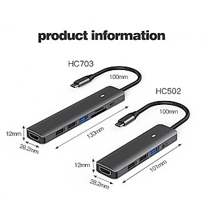 USB C Hub Multiport Adapter, USB 3.0 Aluminum Alloy Dongle USB-C Hub with 4K HD Output, USB 3.0/2.0 Ports,SD/TF Card Reader,100W PD Dock (for HC703)