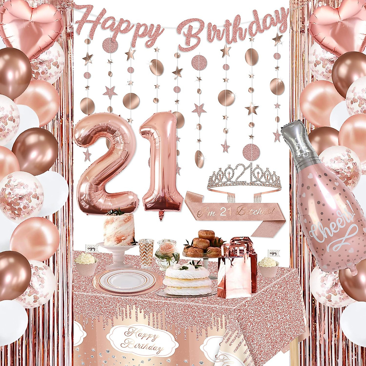 21st Birthday Decorations for Her - Rose Gold 21 Birthday Decorations, Rose Gold Banners, Balloons, Tablecloth, Fringe Curtain, Sash and Tiara for Women Girls Princess 21st Birthday Party Supplies