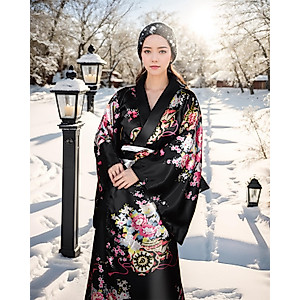PLULON 5Pcs Japanese Robe Geisha Yukata Dress Blossom Satin Bathrobe with Drawstring Bag Hand Fan Hairpin Tabi Socks Set for Women
